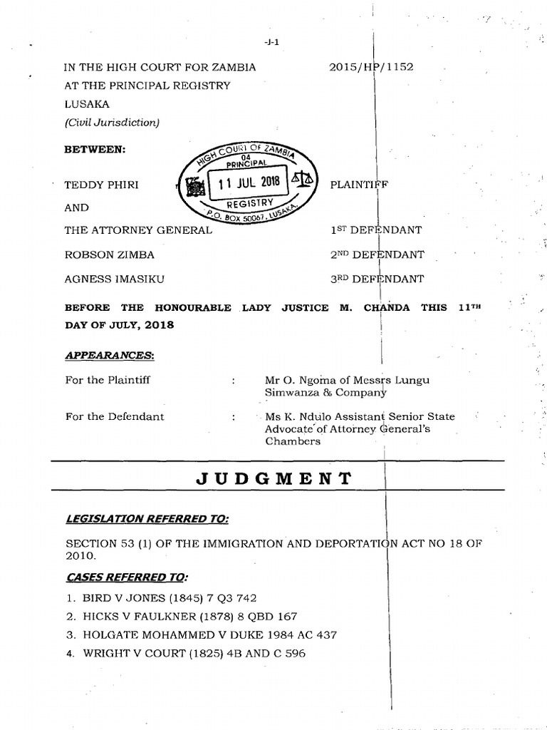 Teddy Phiri V Attorney General Others HC 11 Jul 2018 | PDF | Witness ...