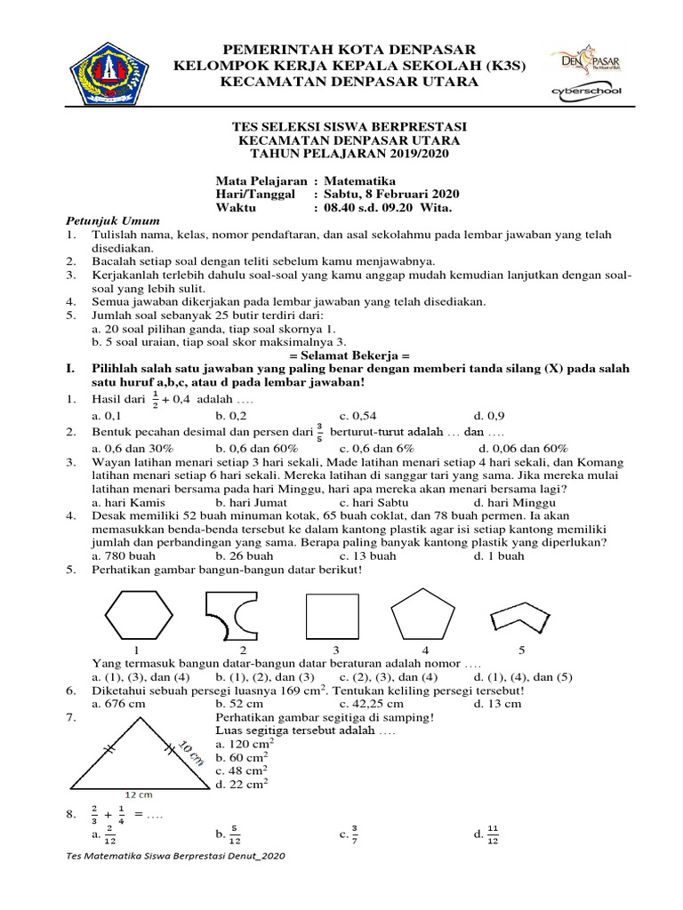 Tes Matematika Siswa Berprestasi 2020 | PDF