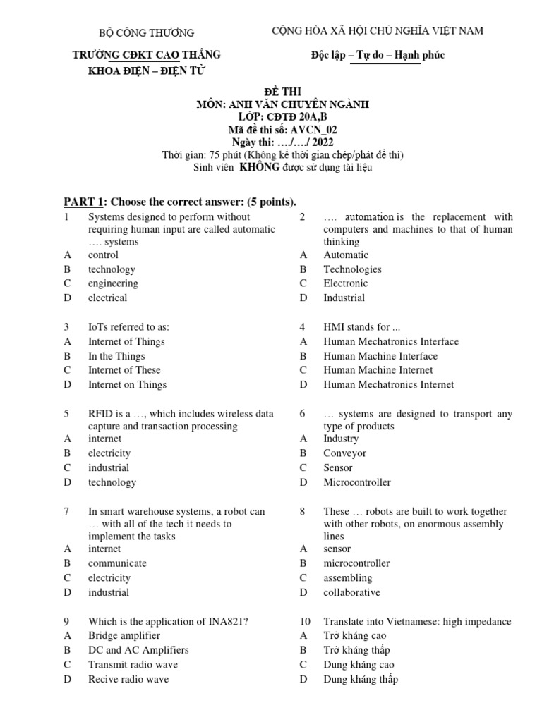 De Thi AVCN2 - 7-2022 | PDF | Power Inverter | Rectifier