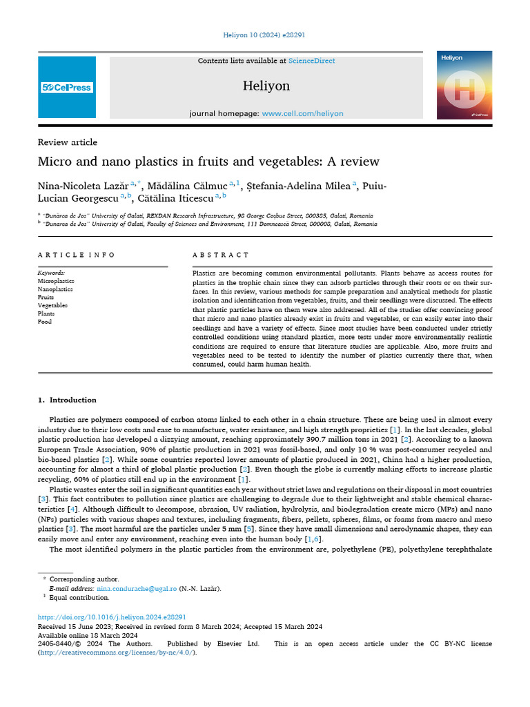 Lazar et al - Micro and nano plastics in fruits and vegetables A review ...