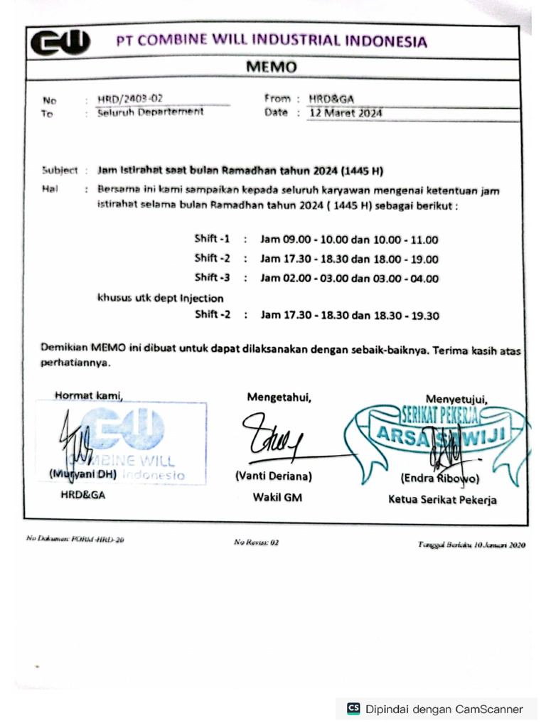 Memo Perubahan jam Istirahat karyawam selama bulan Ramadhan tahun 2024 ...