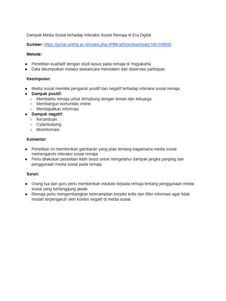 Dampak Media Sosial Terhadap Interaksi Sosial Remaja Di Era Digital | PDF