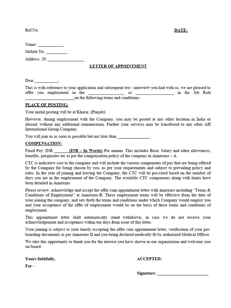 Appointment Letter - Format (WIL) Docx | PDF | Intellectual Property ...