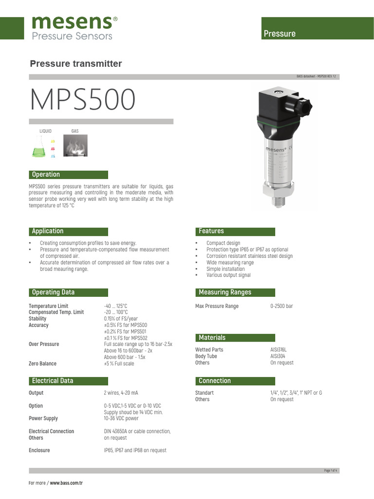 MPS500 Basınç Transmitteri | PDF | Pressure Measurement | Flow Measurement