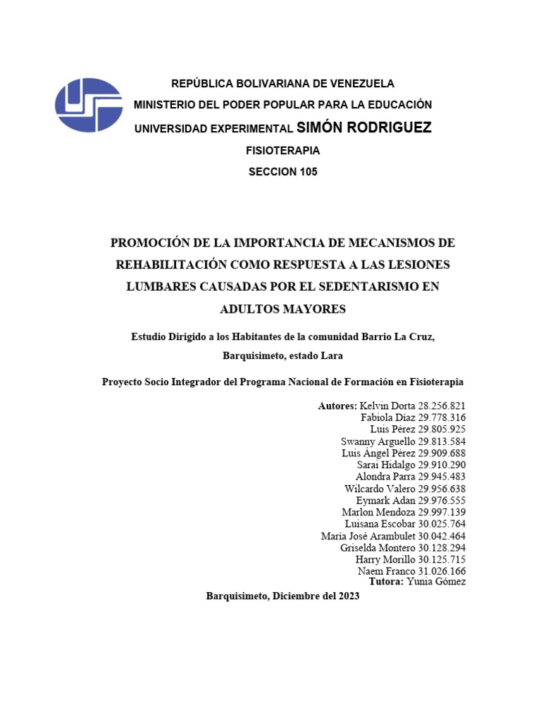 Proyecto Socio Integrador | PDF | Dolor lumbar | Estilo de vida sedentario