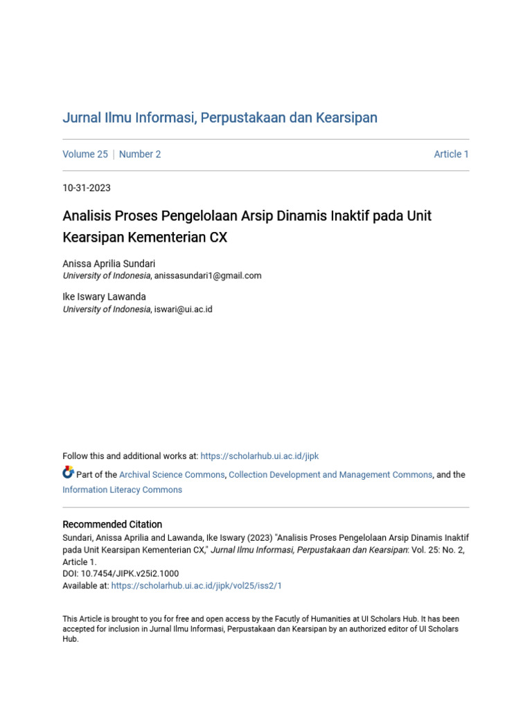 Analisis Proses Pengelolaan Arsip Dinamis Inaktif Pada Unit Kearsipan | PDF