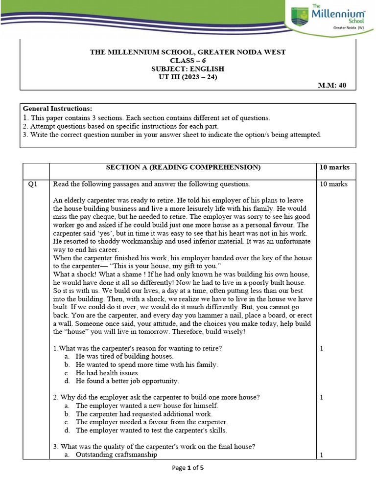 CLASS 6 ENGLISH UT3 Paper 22 | PDF | Linguistics | Grammar
