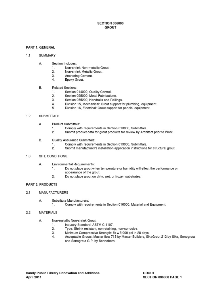 06 Specification Section036000 Grouting | PDF | Concrete | Epoxy
