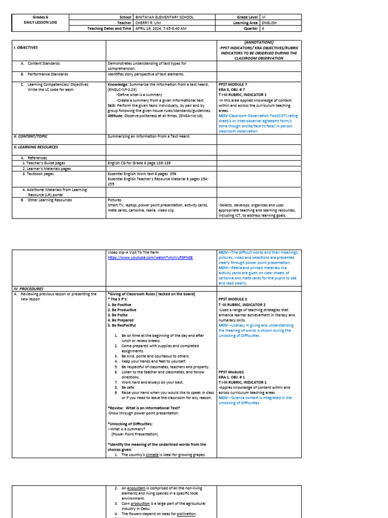 Cot - DLP English 6 - Summarizing Informations Heard by Master Teacher Eva M. Corvera | PDF ...