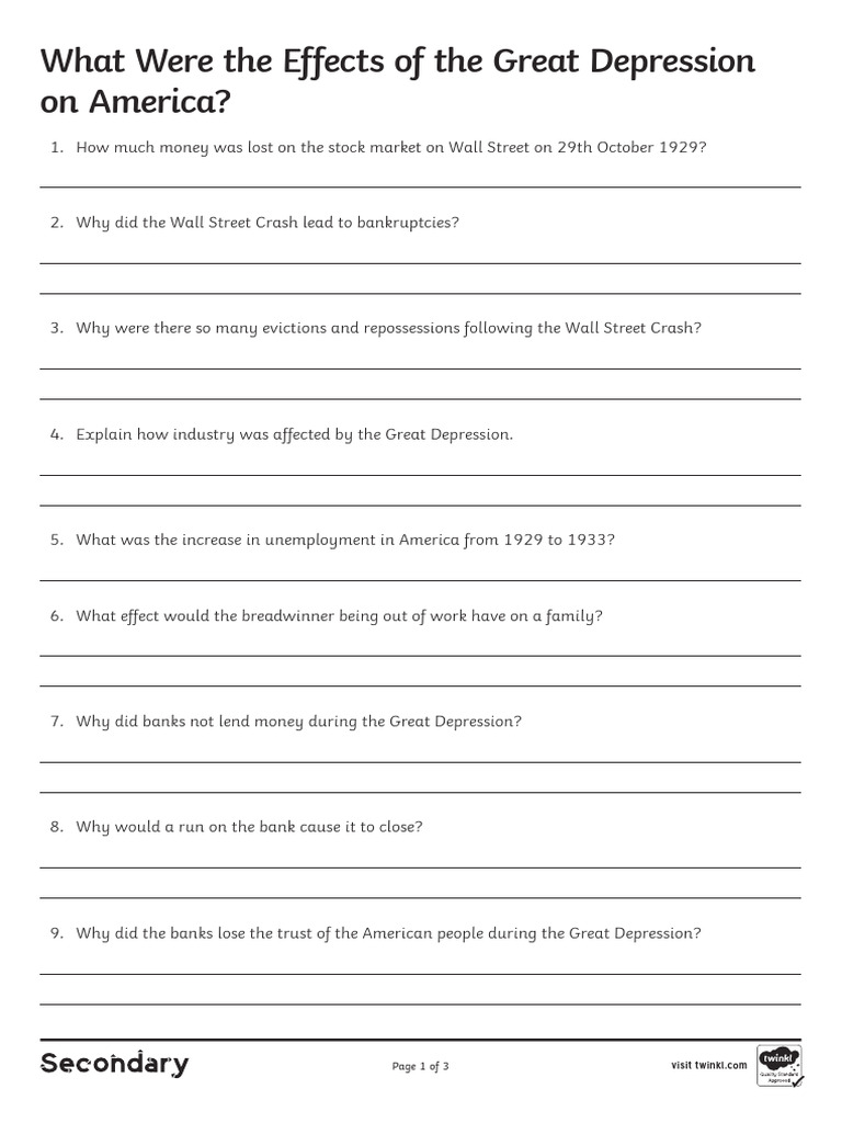 Effects of The Great Depression Activity Sheet | Download Free PDF ...