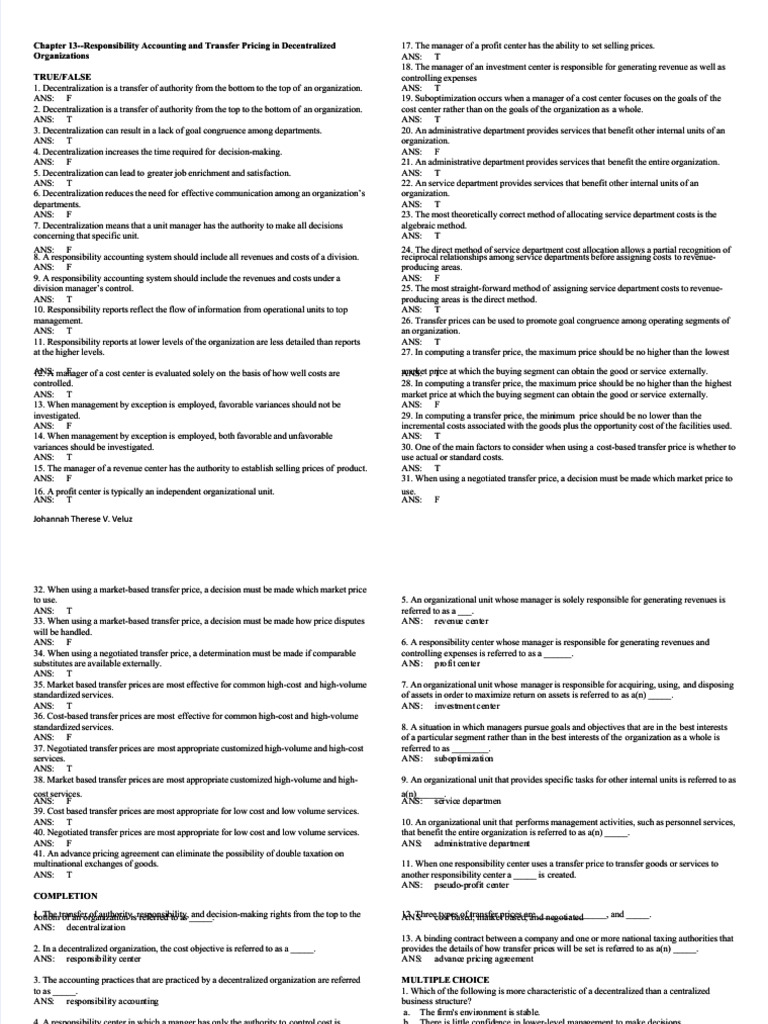 PDF Chapter 13 Responsibility Accounting and Transfer Pricing in ...