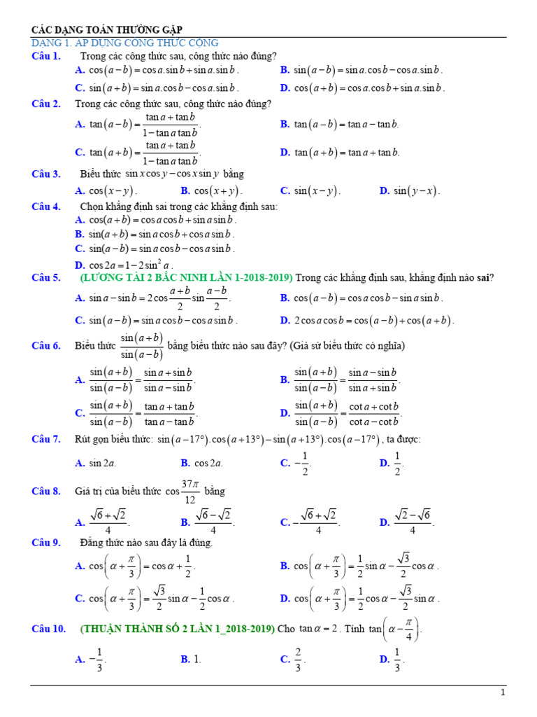0D6-3 Công Thức Lượng Giác - Koda | PDF