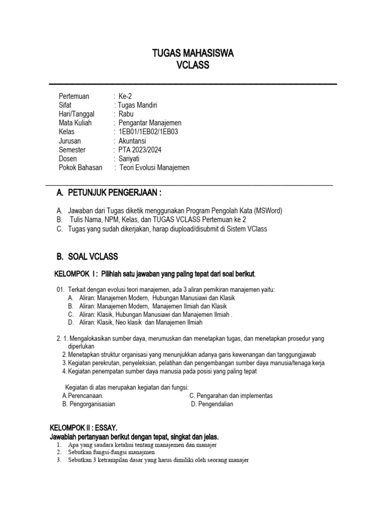 Tugas Mahasiswa Vclass: A. Petunjuk Pengerjaan | PDF | Karier & Perkembangan | Seni