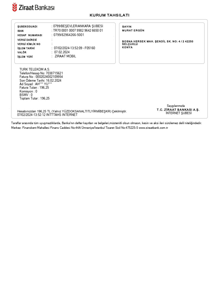 Bank Statement Zireat in Turkey | PDF