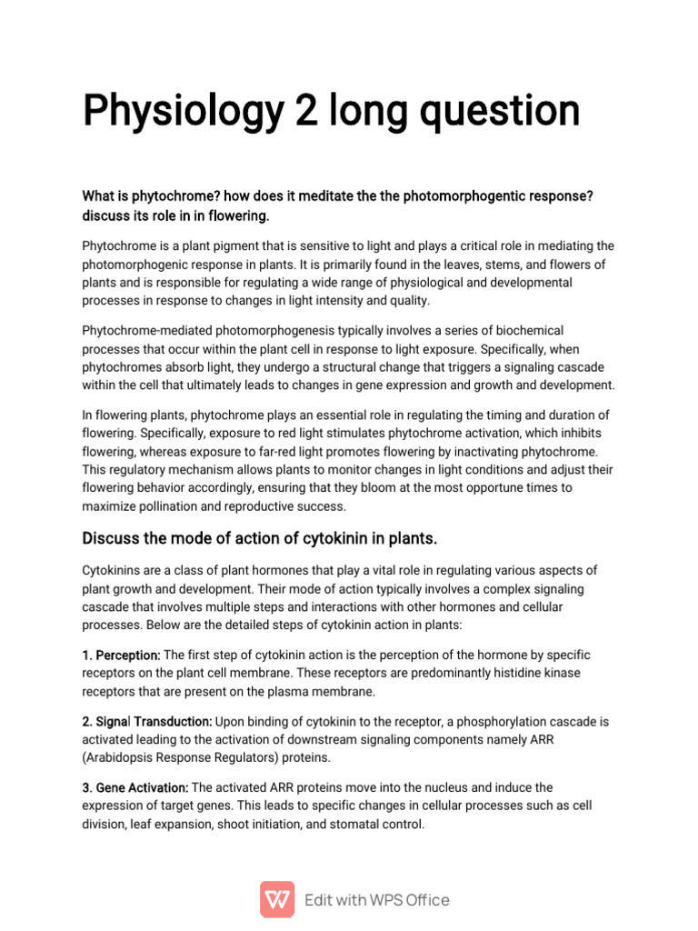 Physiology 2 Long Question Answer WPS Office | PDF | Auxin | Plant Hormone
