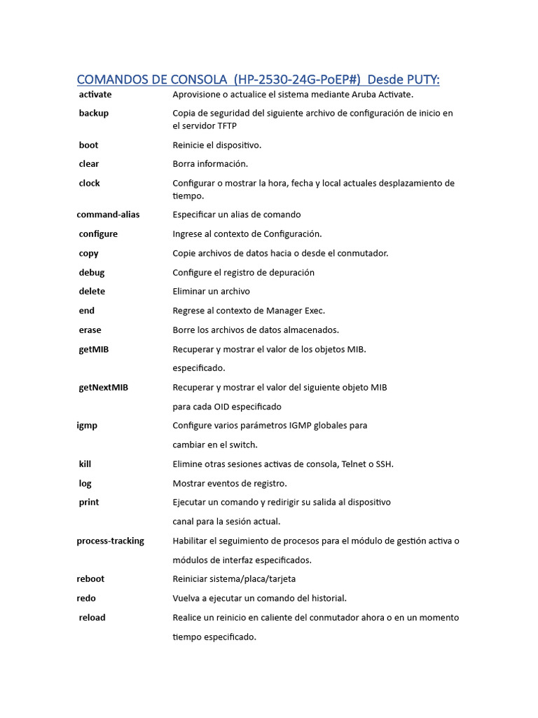 COMANDOS DE CONSOLA(HP-2530-24G-PoEP)PUTTY | PDF | Interfaz de línea de comando | Dirección IP