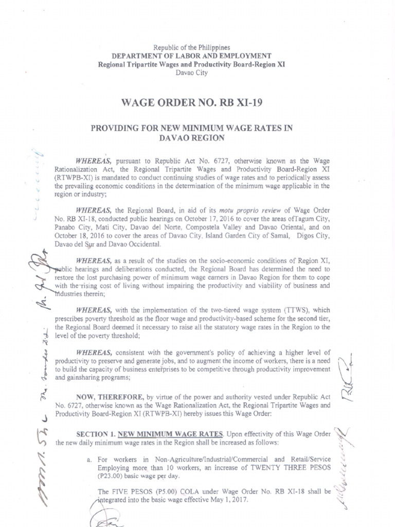 DOLE Wage Order No RB XI-19 | PDF