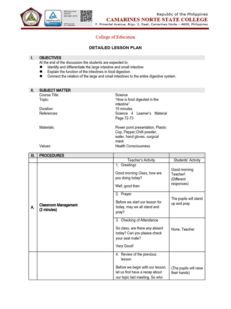 Lesson Plan on Intestinal Digestion | PDF | Digestion ...