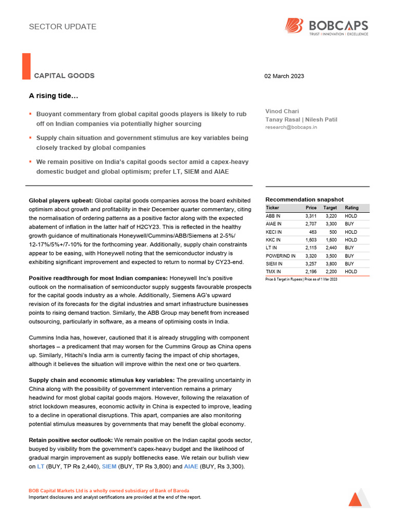 CapitalGoods SectorUpdate2Mar23 Research | PDF | Supply Chain | Inflation