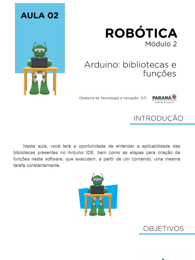 Aula02 Arduino Bibliotecas Funcoes m2 Slides | PDF | Biblioteca (informática) | Arduino