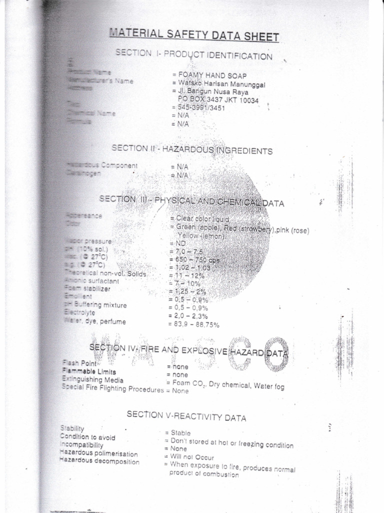 MSDS Sabun Cuci Tangan | PDF