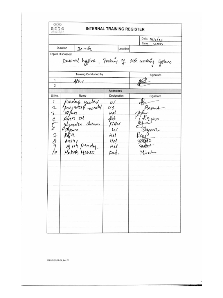 Internal Training Register | PDF