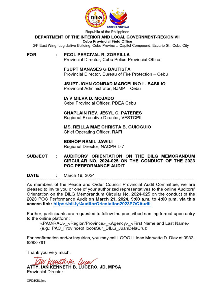 Poc Auditors Orientation On Dilg MC 2024 025 On The Conduct of The Poc ...