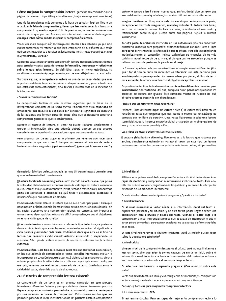 Cómo Mejorar La Comprensión Lectora 2do Unidad 1 | PDF | Comprensión ...