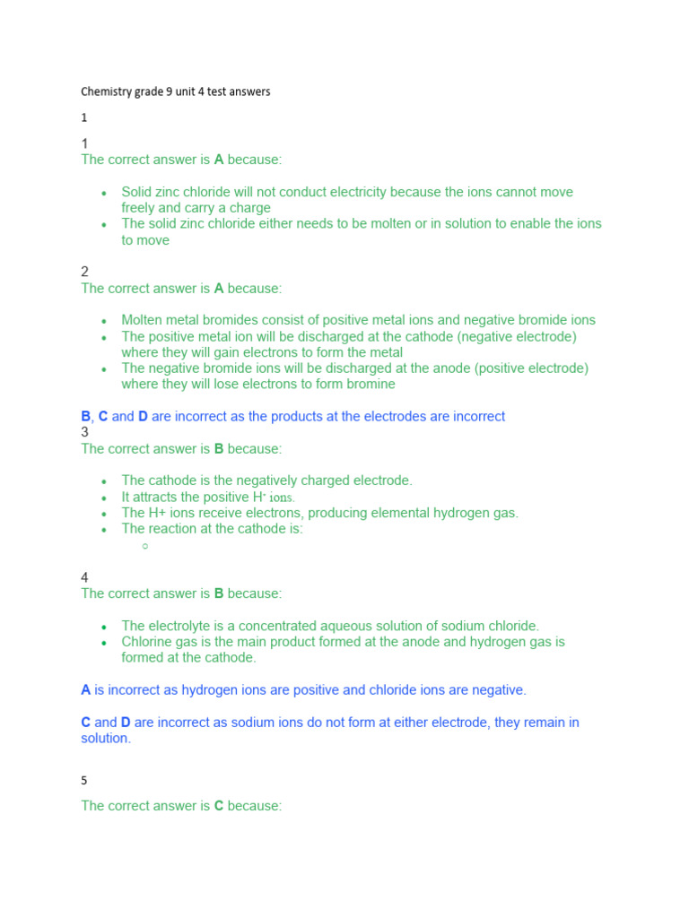 Chemistry Grade 9 Unit 4 Test Answers ch4-5 Redox Electrolisis ...