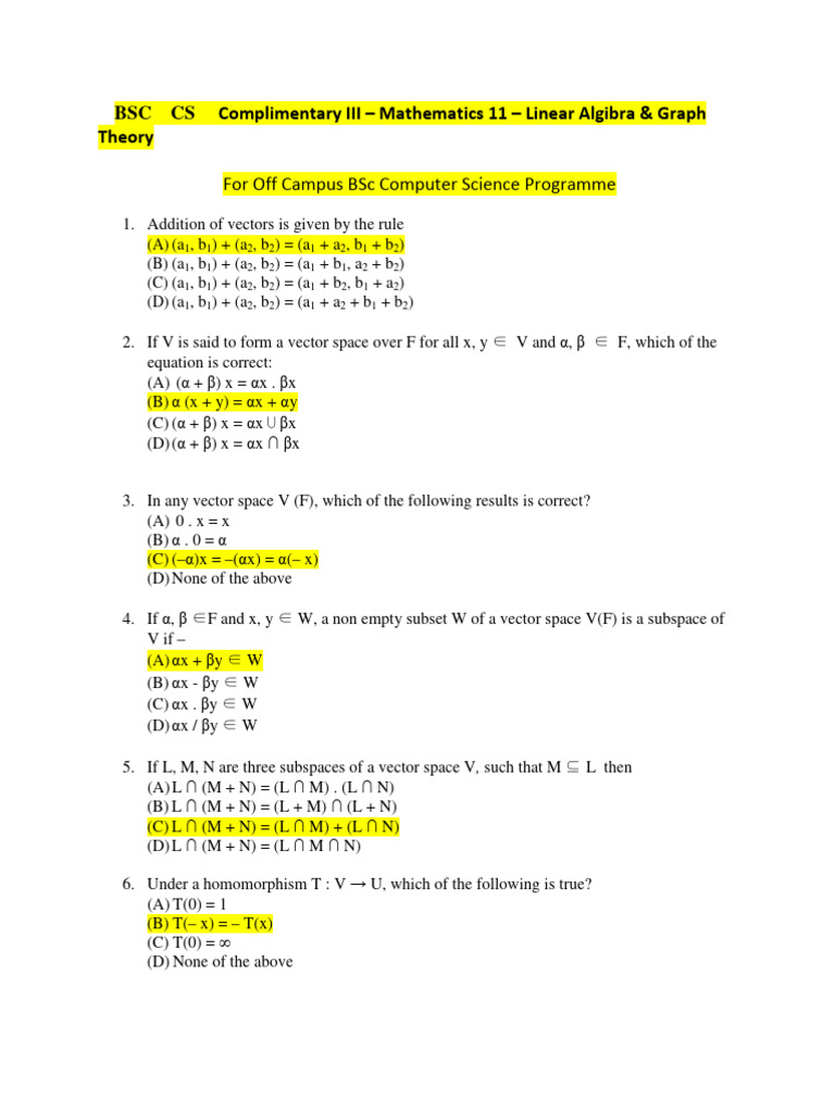 Mathematics II Linear Algibra Graph Theory Mcqs | PDF | Vertex (Graph ...