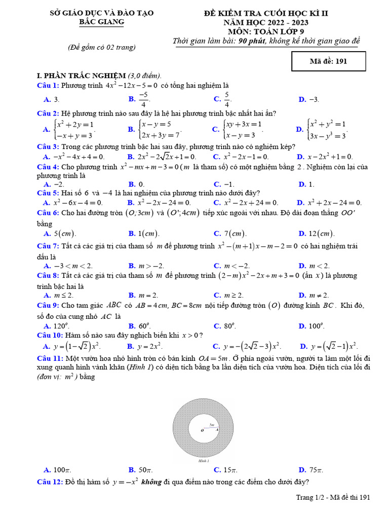 De Thi Cuoi Hoc Ki 2 Toan 9 Nam 2022 2023 So GDDT Bac Giang | PDF