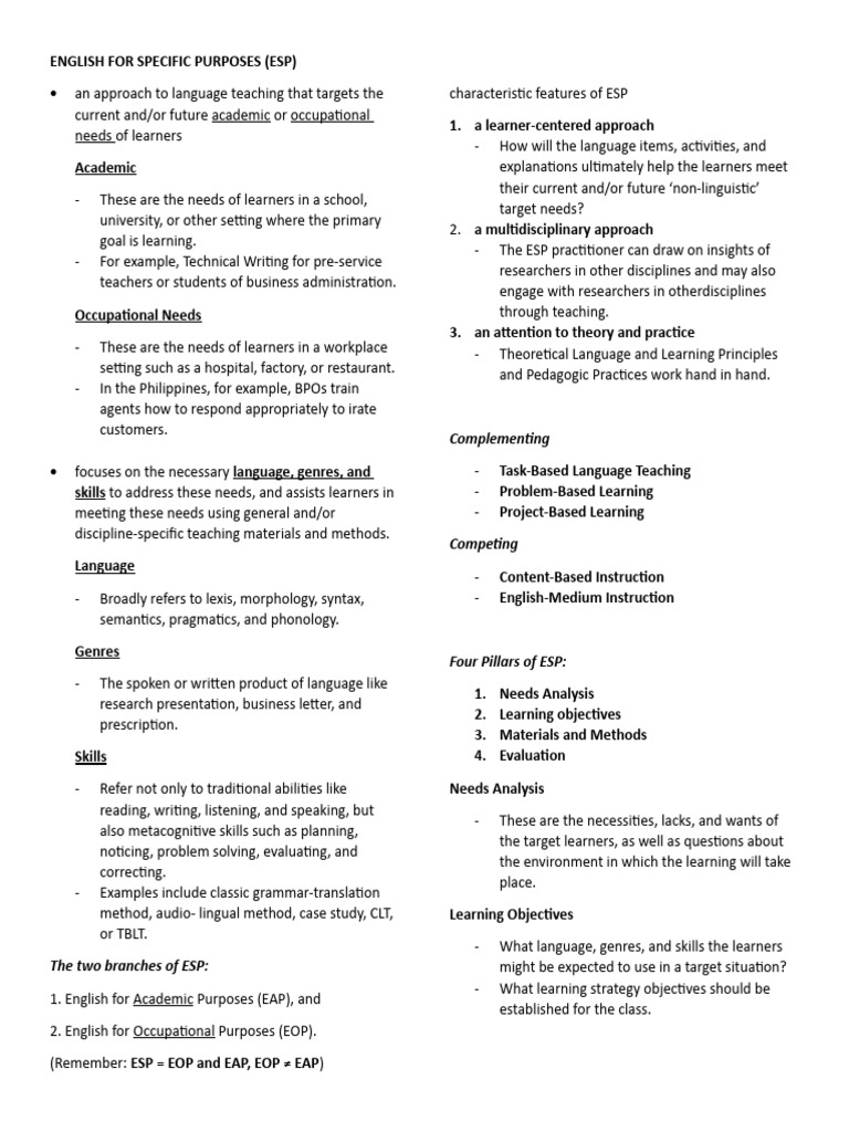 English for Specific Purposes Overview | PDF | Learning | Analysis
