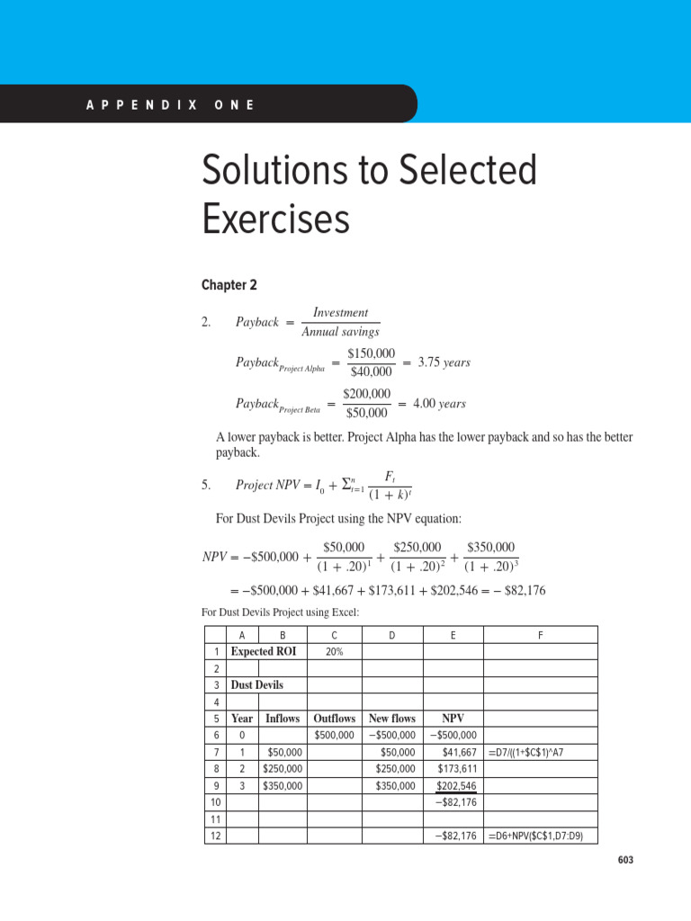 Solutions To Selected Exercises: Appendix One | PDF | Net Present Value