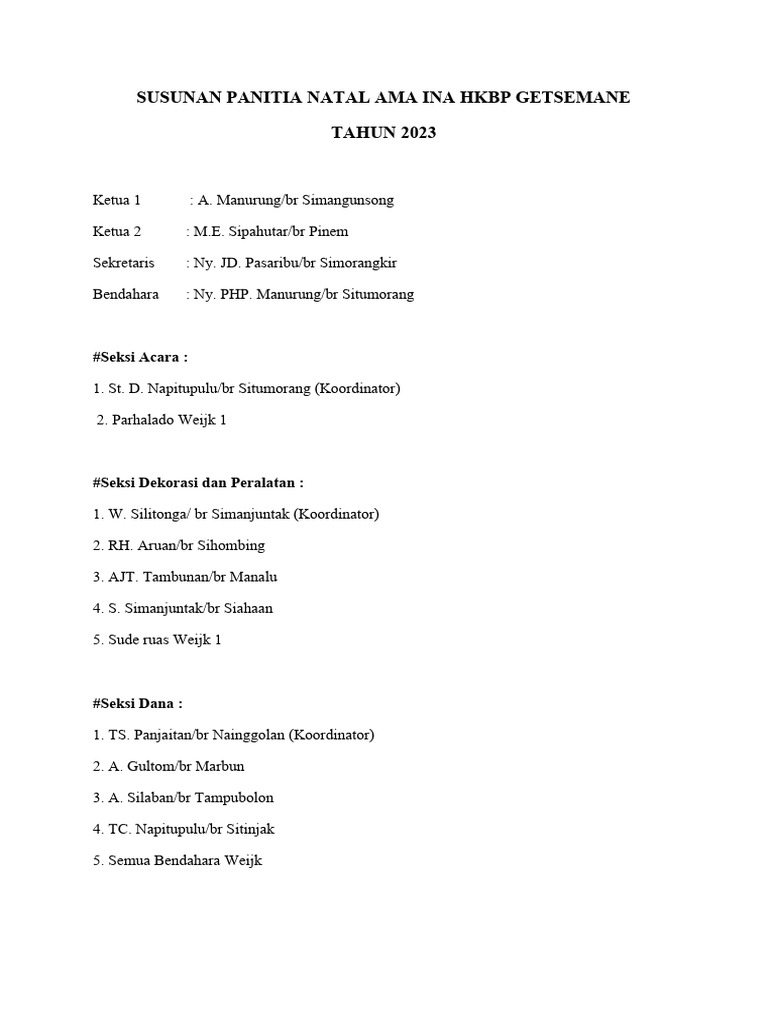 Susunan Panitia Natal Ama Ina HKBP Getsemane | PDF | Cooking, Food & Wine