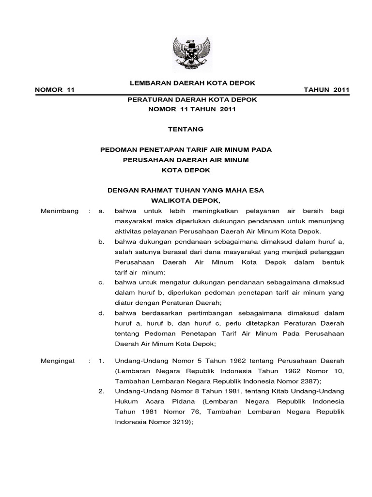 Perda Kota Depok No 11 THN 2011 TTG Penetapan Tarif Air Minum Pada Pdam Kota Depok | PDF