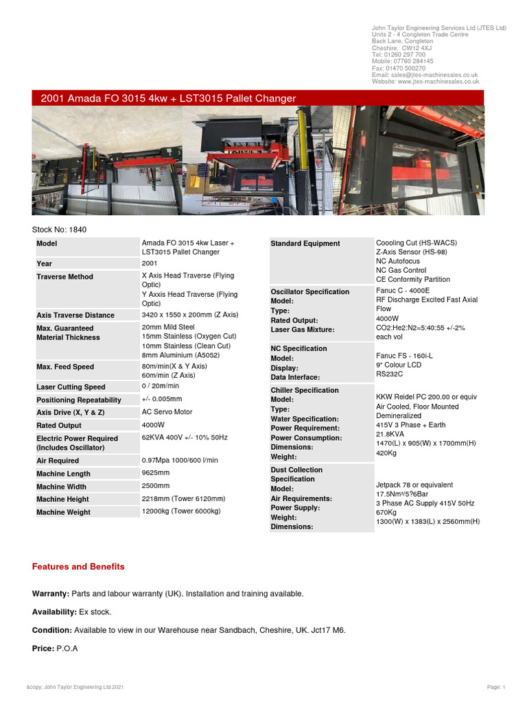 AMADA 1840 Data Sheet | PDF | Equipment | Manufactured Goods