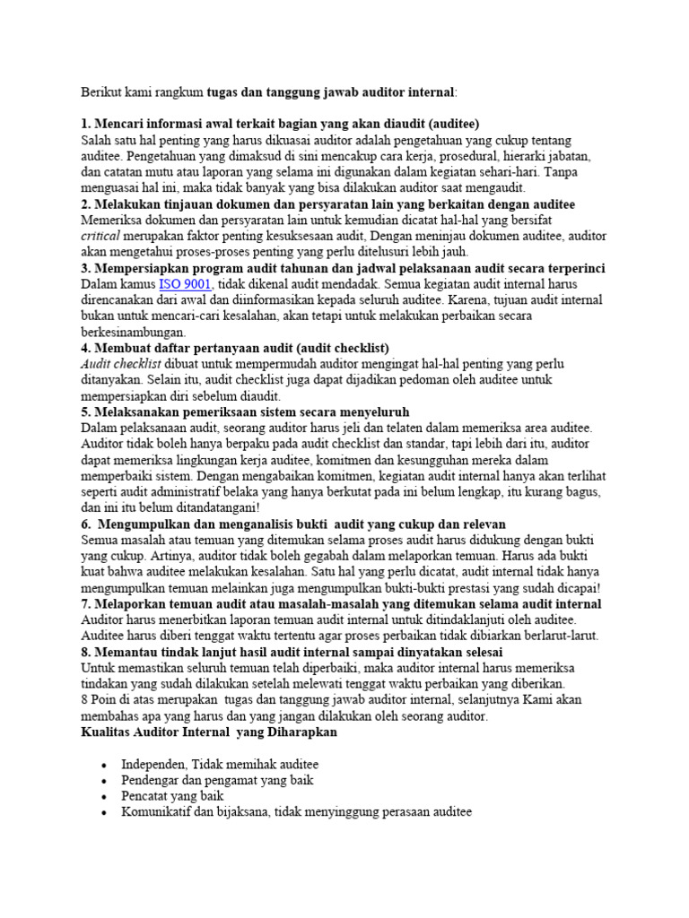Tugas dan Tanggung Jawab Auditor Internal | PDF