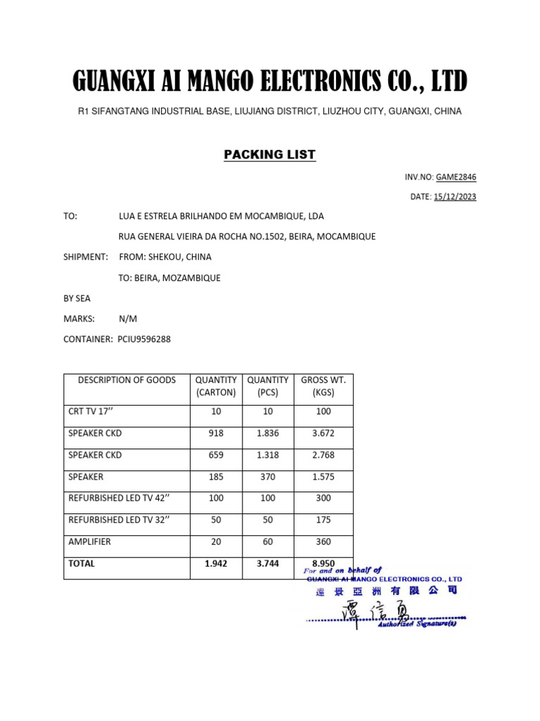 Packing List for Electronics Shipment | PDF | Technology & Engineering