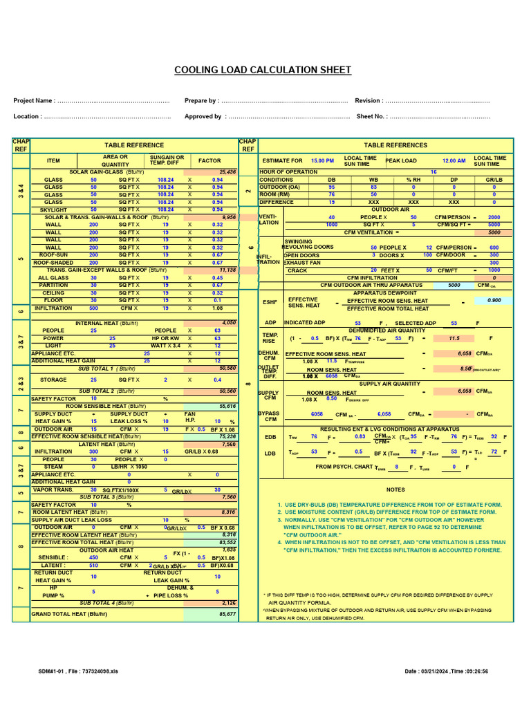 Cooling Load Calculation Sheet | PDF | Air Conditioning | Ventilation ...