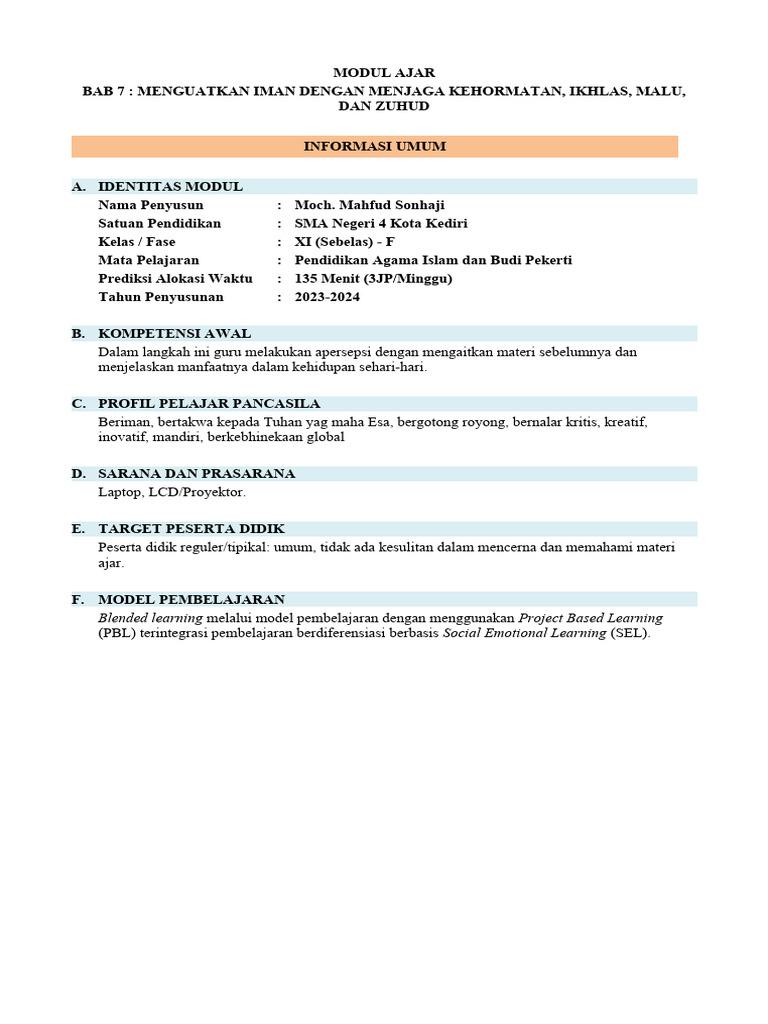PAI 11 - Bab 7 - Menguatkan Iman Dengan Menjaga Kehormatan, Ikhlas, Malu, Dan Zuhud | PDF ...