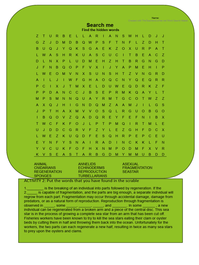 Wordsearch-B 6eaq2CO | PDF | Regeneration (Biology) | Zoology