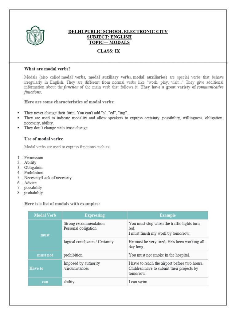 What Are Modal Verbs?: Delhi Public School Electronic City Subject ...