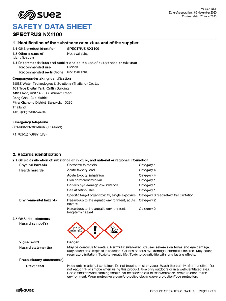 Cooling Non-oxidizing biocide_Spectrus NX1100 | PDF | Dangerous Goods ...