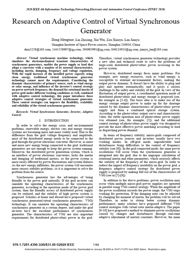 Research On Adaptive Control Of Virtual Synchronous Generator Pdf Electrical Grid Electric