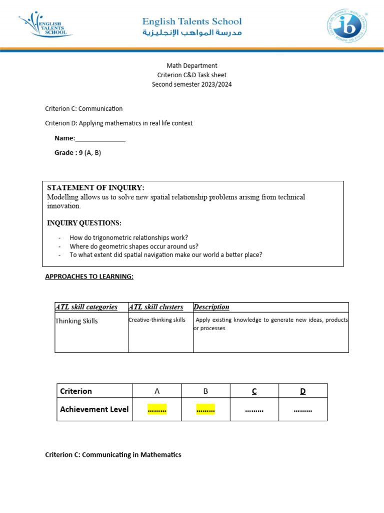 945 - Criterion C and D Task Sheet T2 | PDF | Trigonometry | Learning