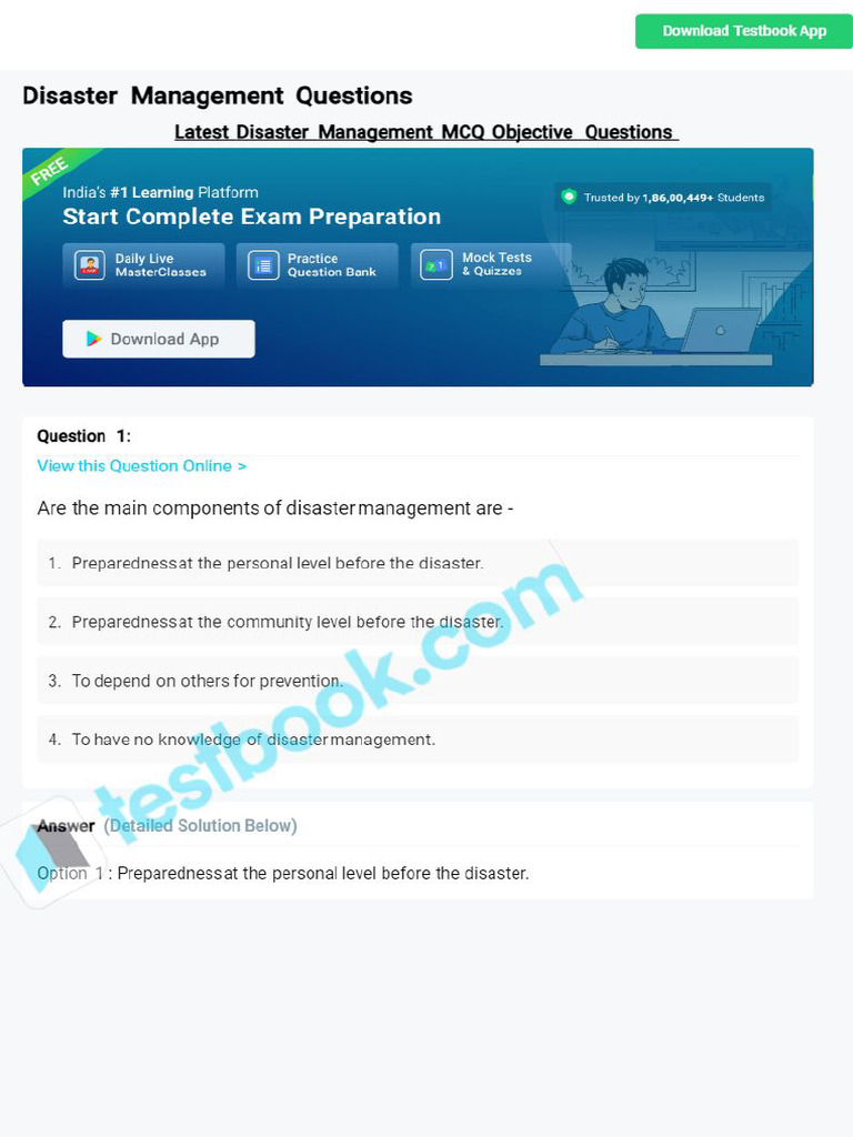MCQ On Disaster Management 6257fb687e75be0ee034714b | PDF