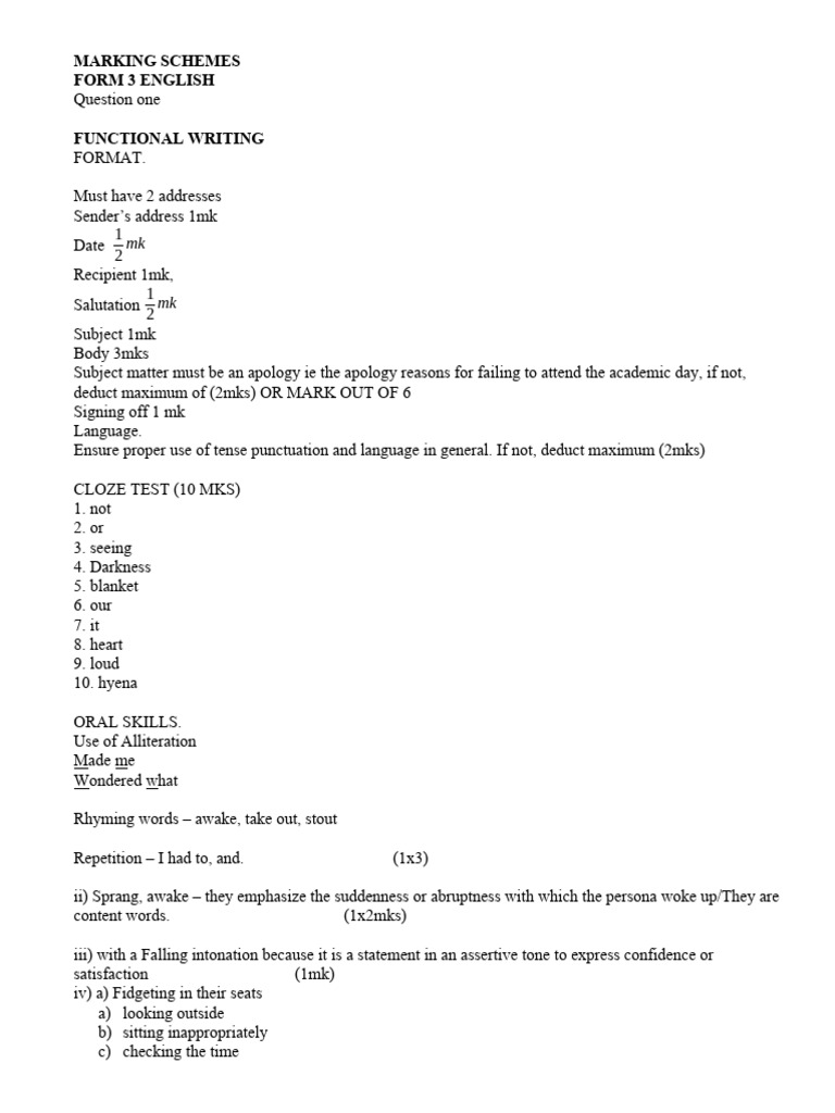 Form 3 English Exam Marking Scheme | PDF