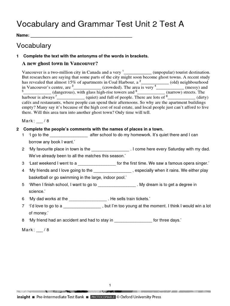 Vocabulary and Grammar Test Unit 2 | PDF
