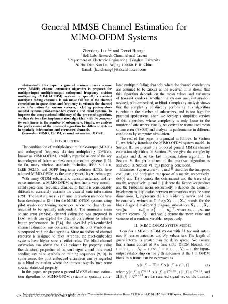 MMSE Channel Estimation for MIMO-OFDM | PDF | Mimo | Orthogonal ...