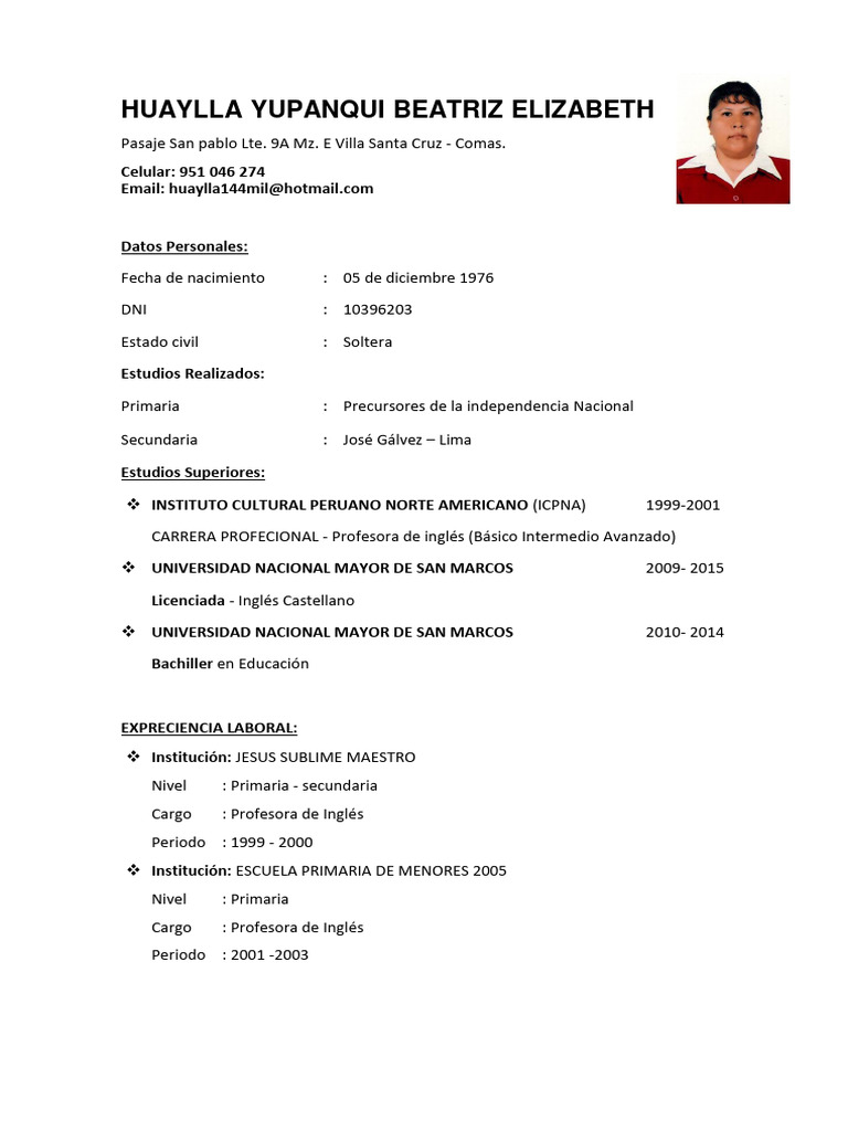 Currículum de Beatriz Huaylla | PDF